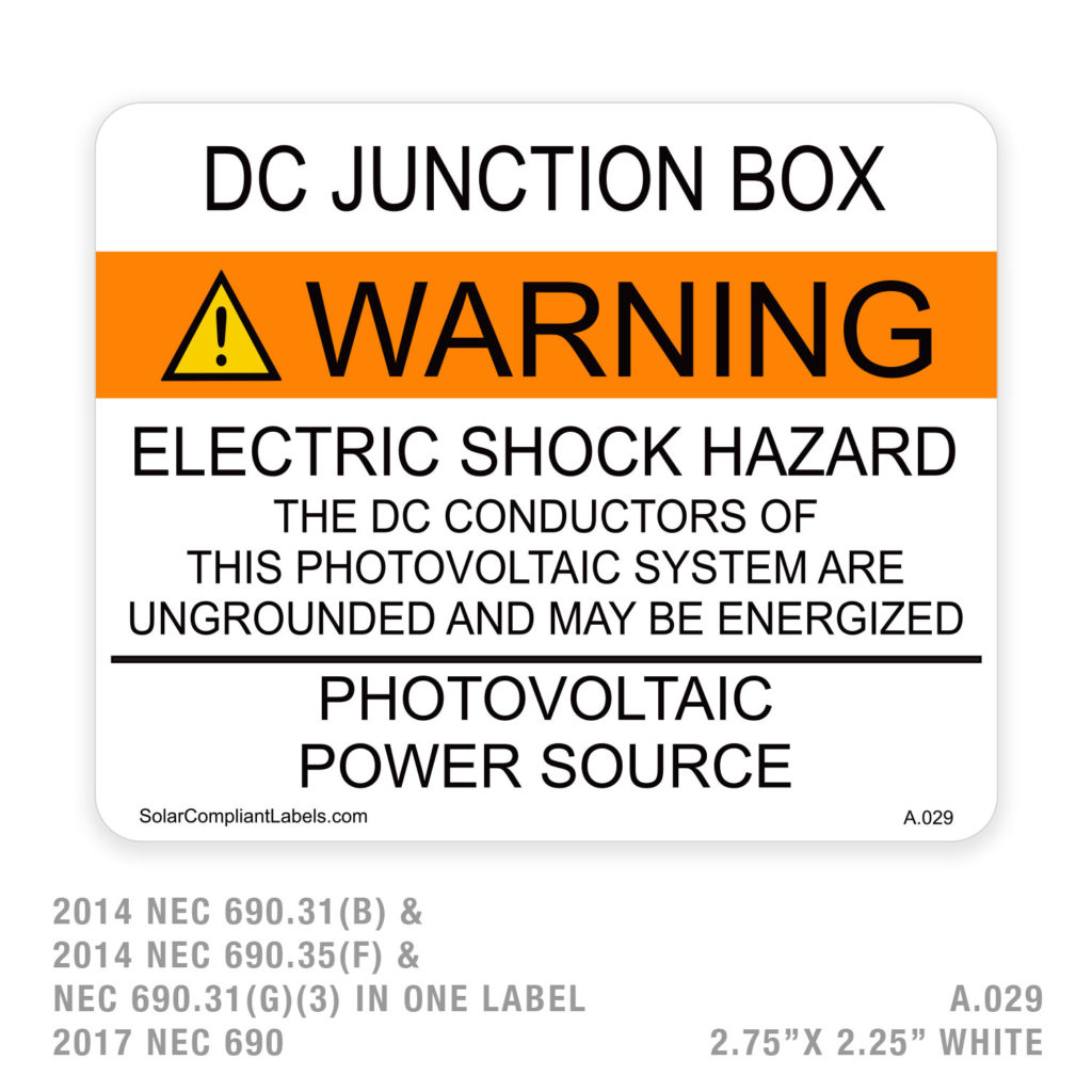 DC JUNCTION BOX/ WARNING – 029 LABEL | SOLAR COMPLIANT LABELS