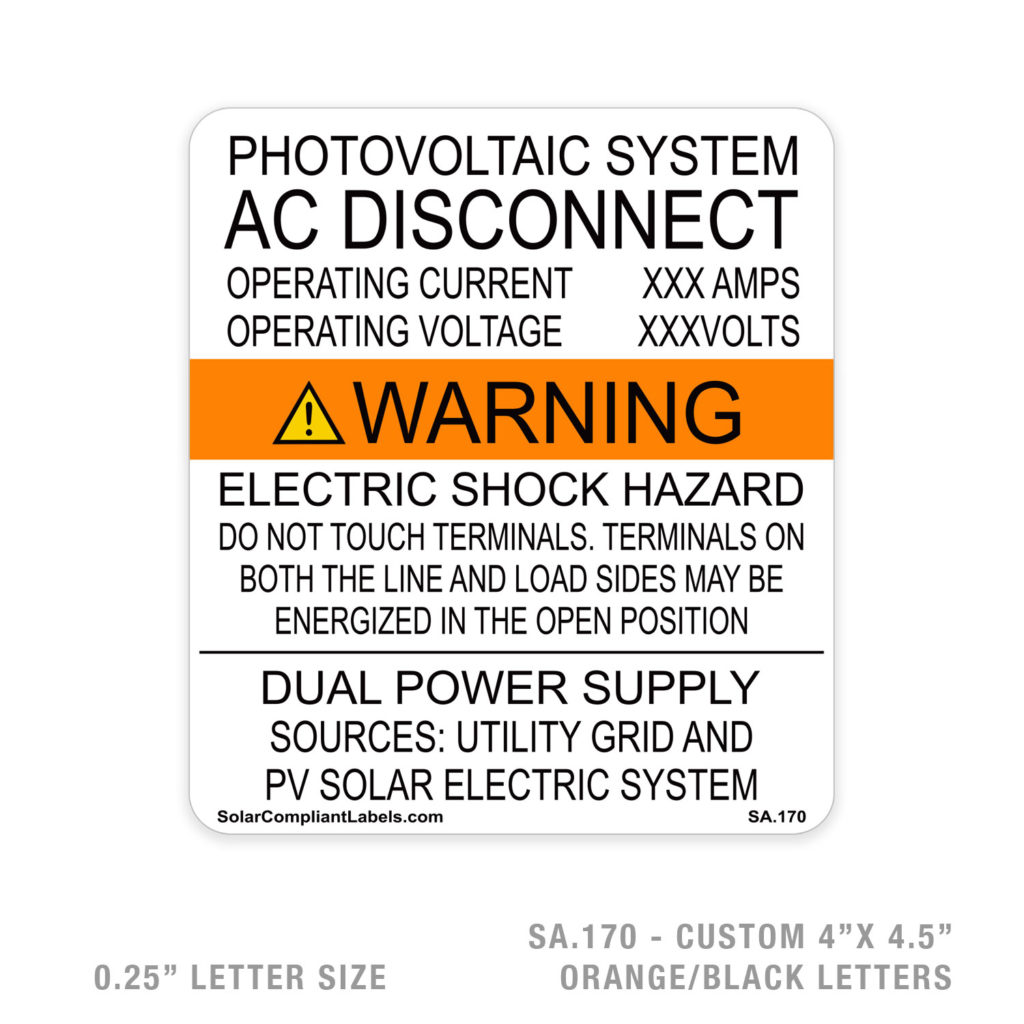 CUSTOM AC DISCONNECT – 170 SIGN | SOLAR COMPLIANT LABELS